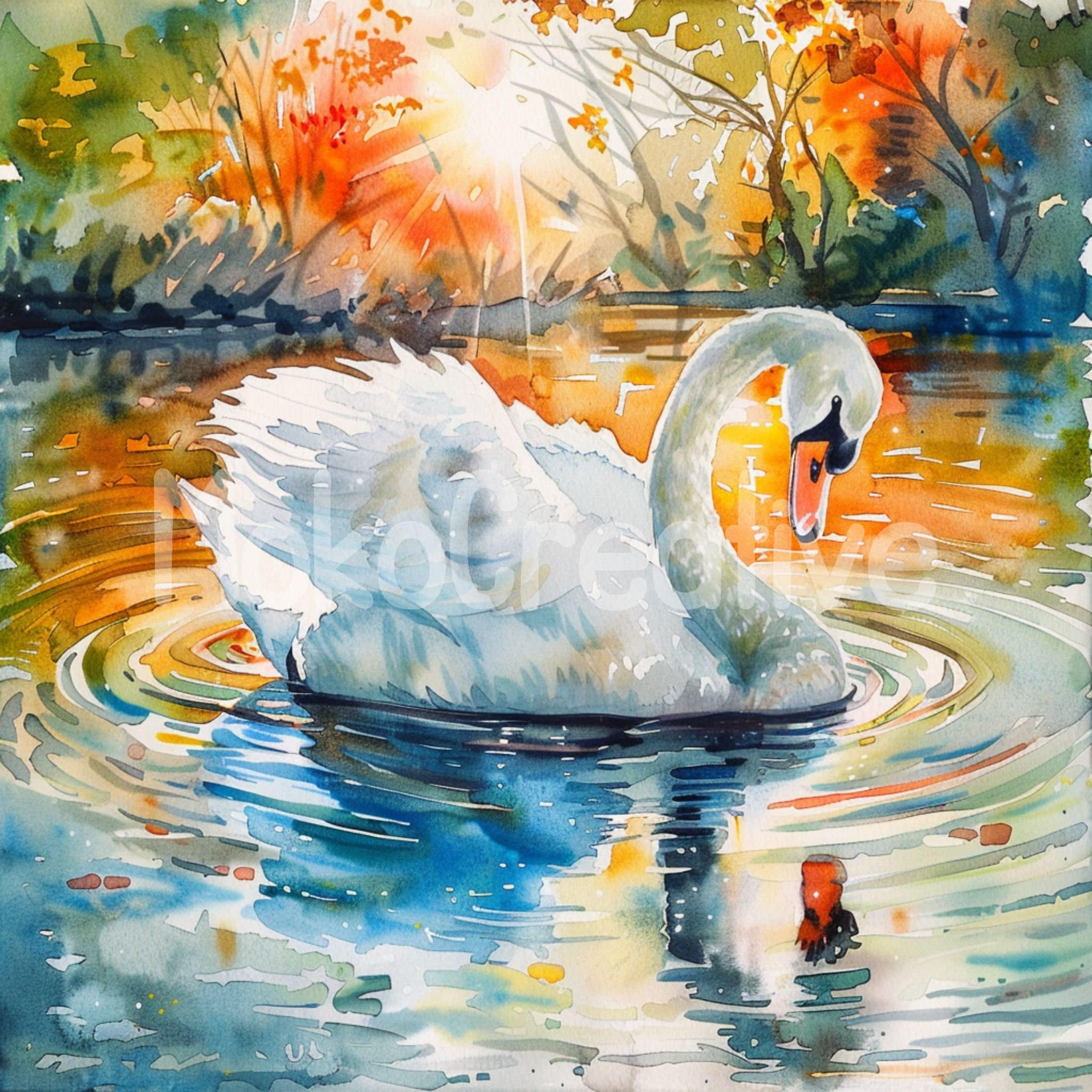 Watercolor Swan Lake Art Prints, Elegant Bird Illustration (digital ...