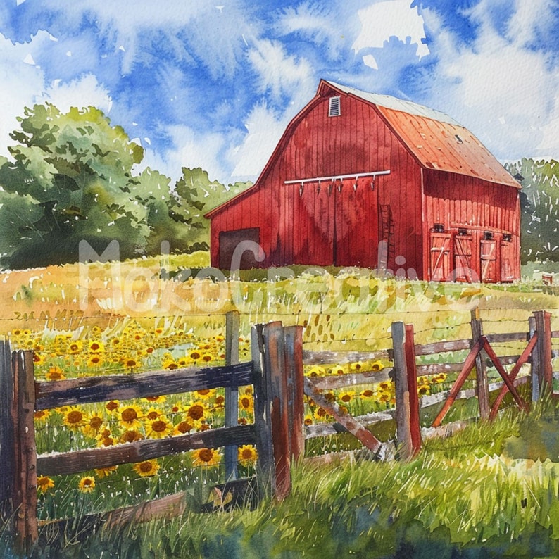 14 High Quality Red Barn Designs, Watercolor Summer Farm, Barn Clipart ...