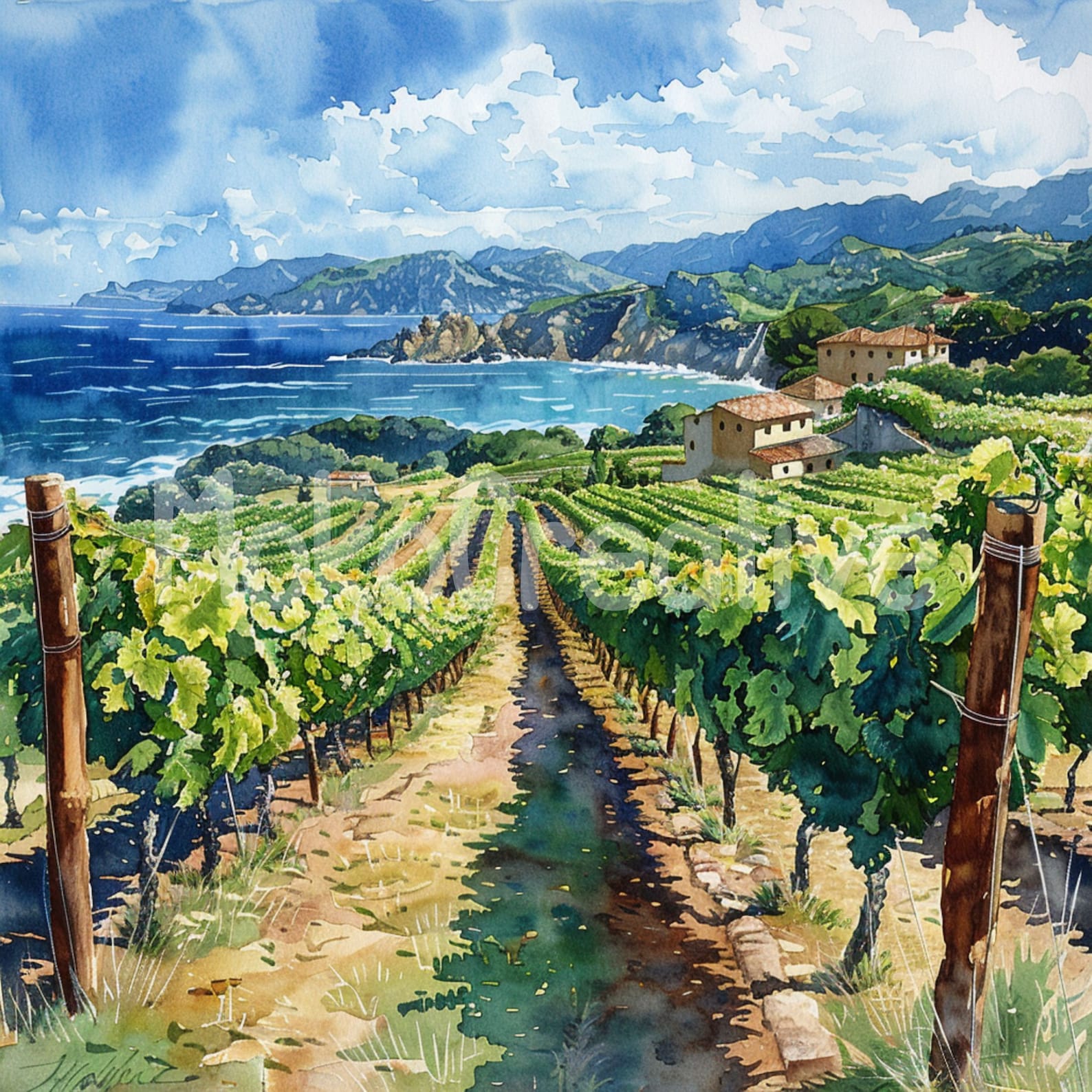 Watercolor Vineyard Print Set: French Winery Landscape (digital ...