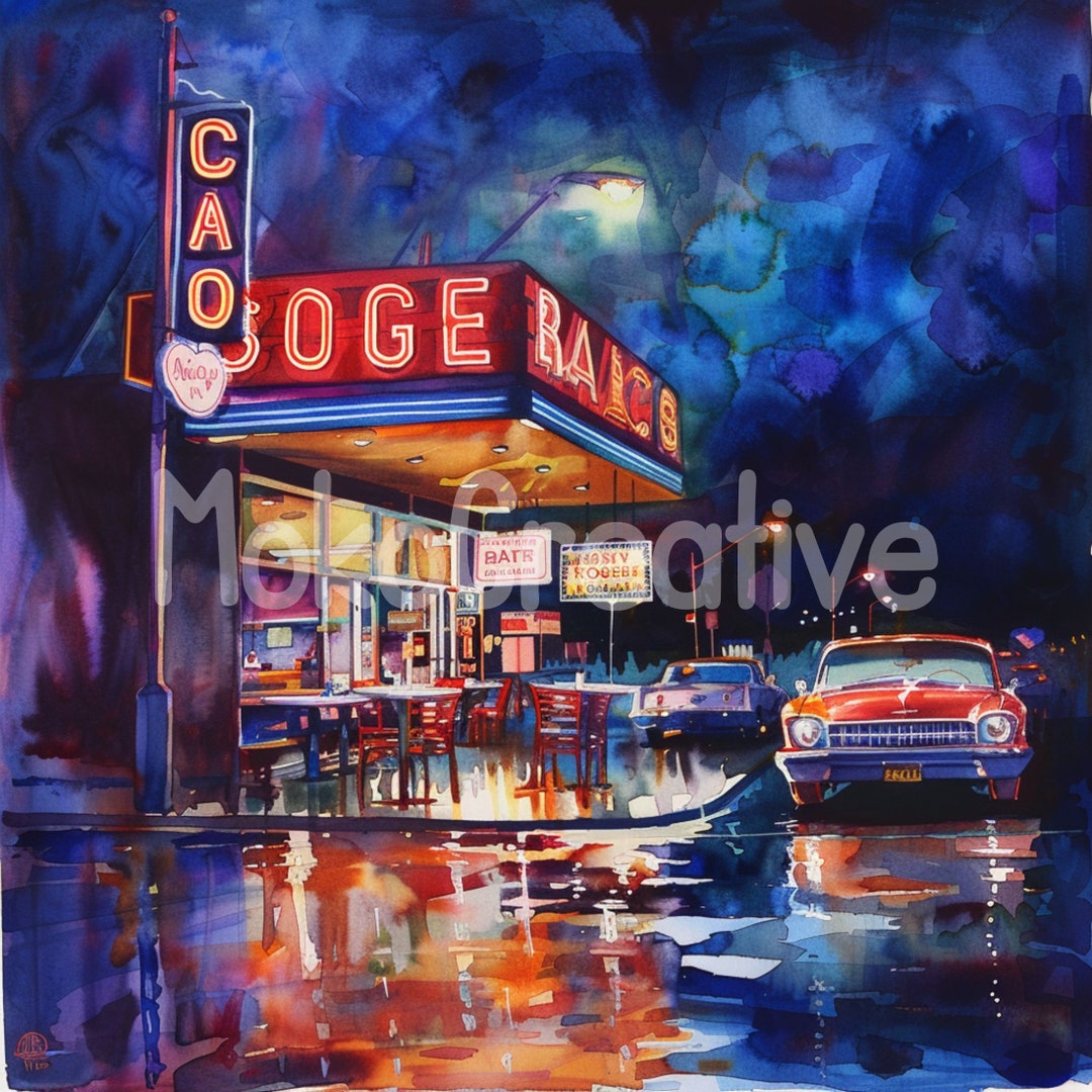 Retro Diner Watercolor Print: 70s Neon Lights Design (digital Download ...