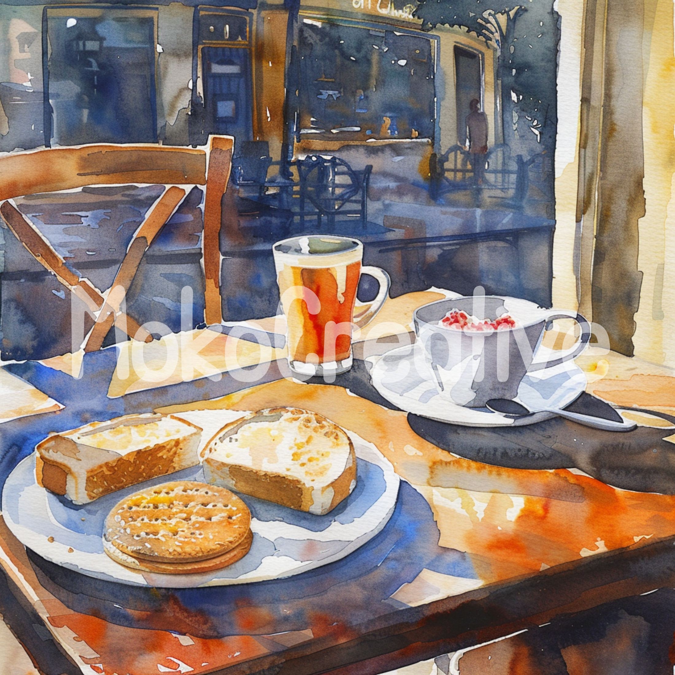 12 High Quality Café Table Designs, Watercolor Morning Coffee Breakfast ...