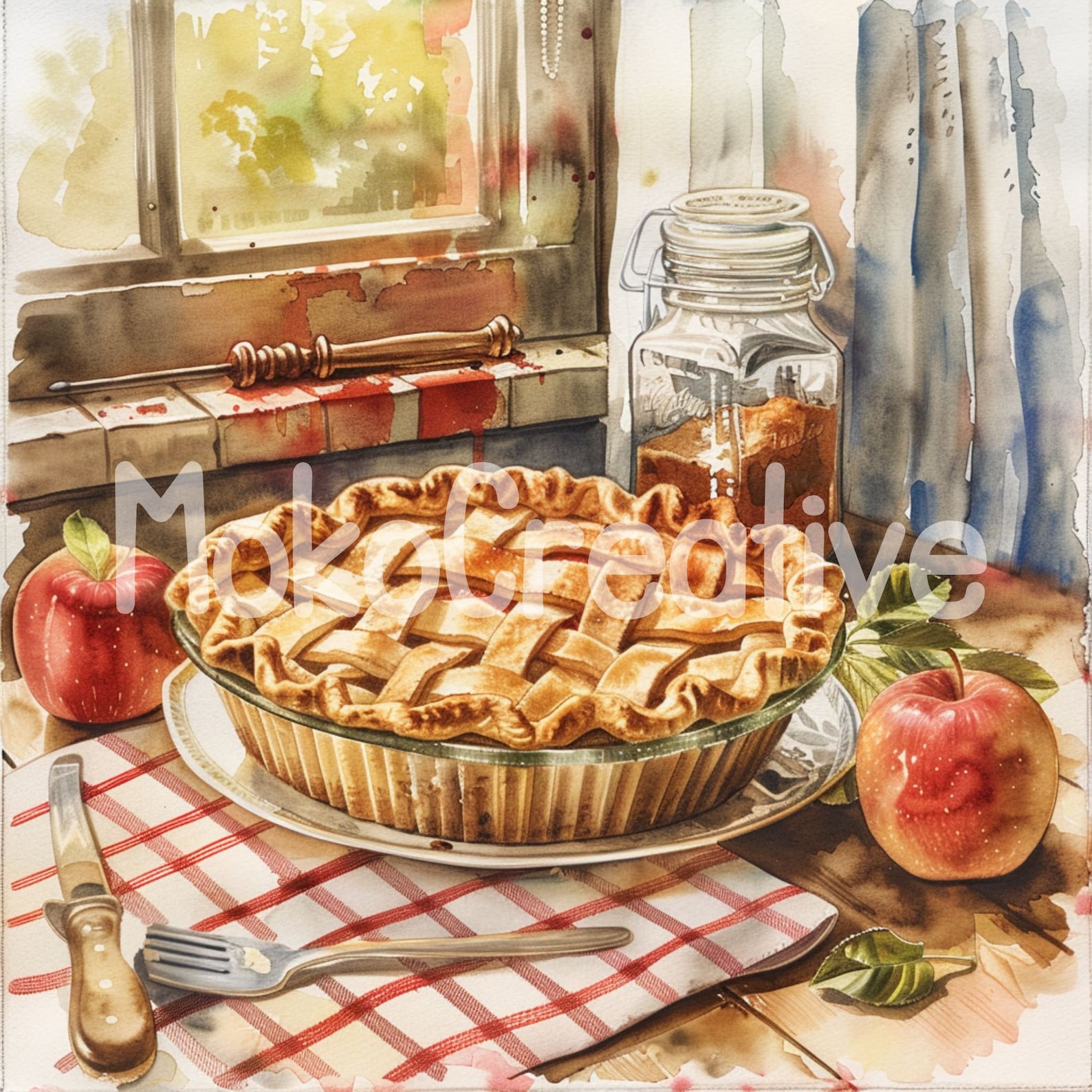 12 High Quality Apple Pie Design JPG, Watercolor Home Made Cake Wall ...