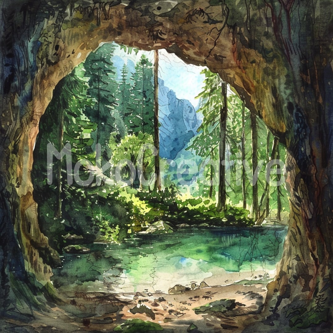 16 High Quality Cave Entry Landscape Designs, Watercolor Scenery ...