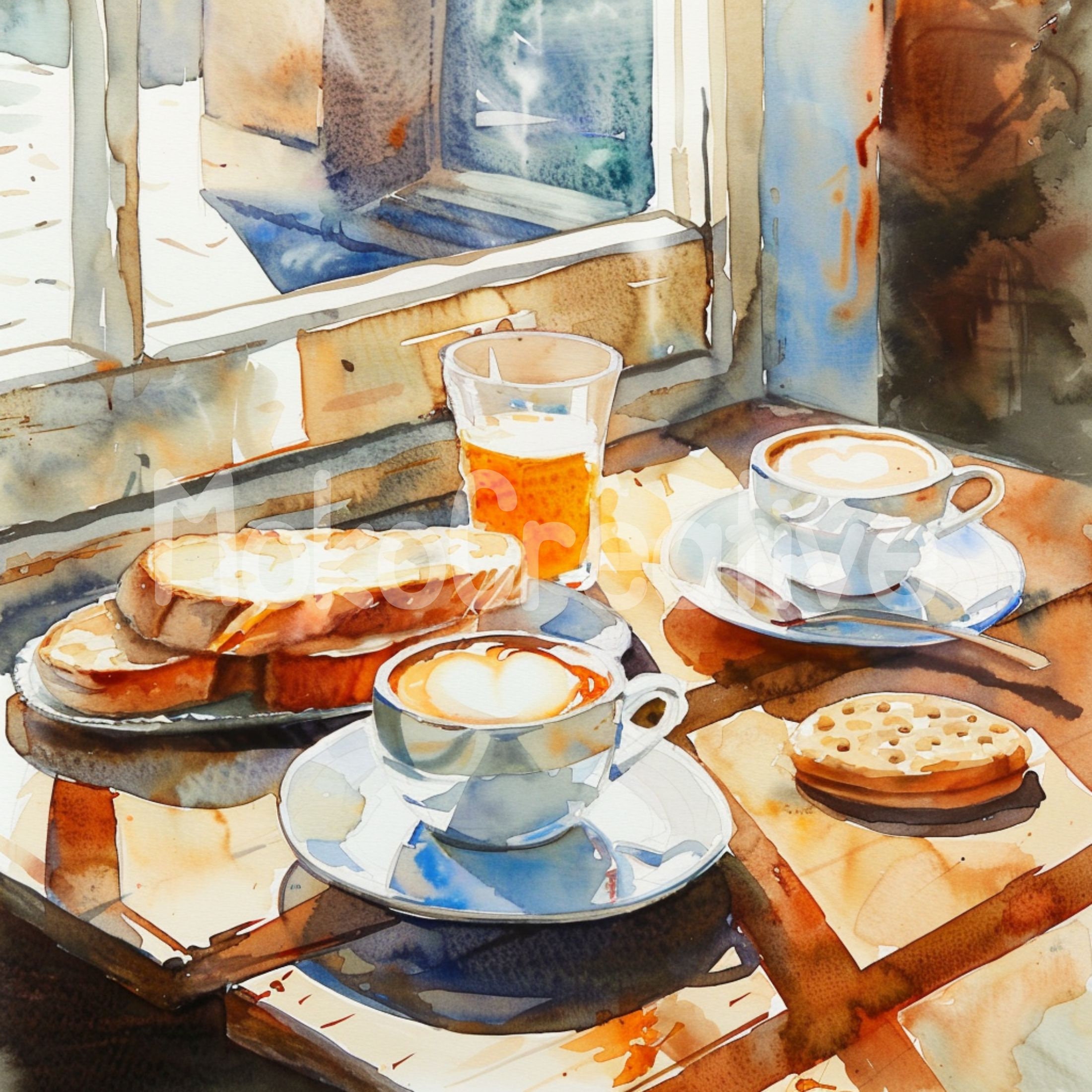12 High Quality Café Table Designs, Watercolor Morning Coffee Breakfast ...