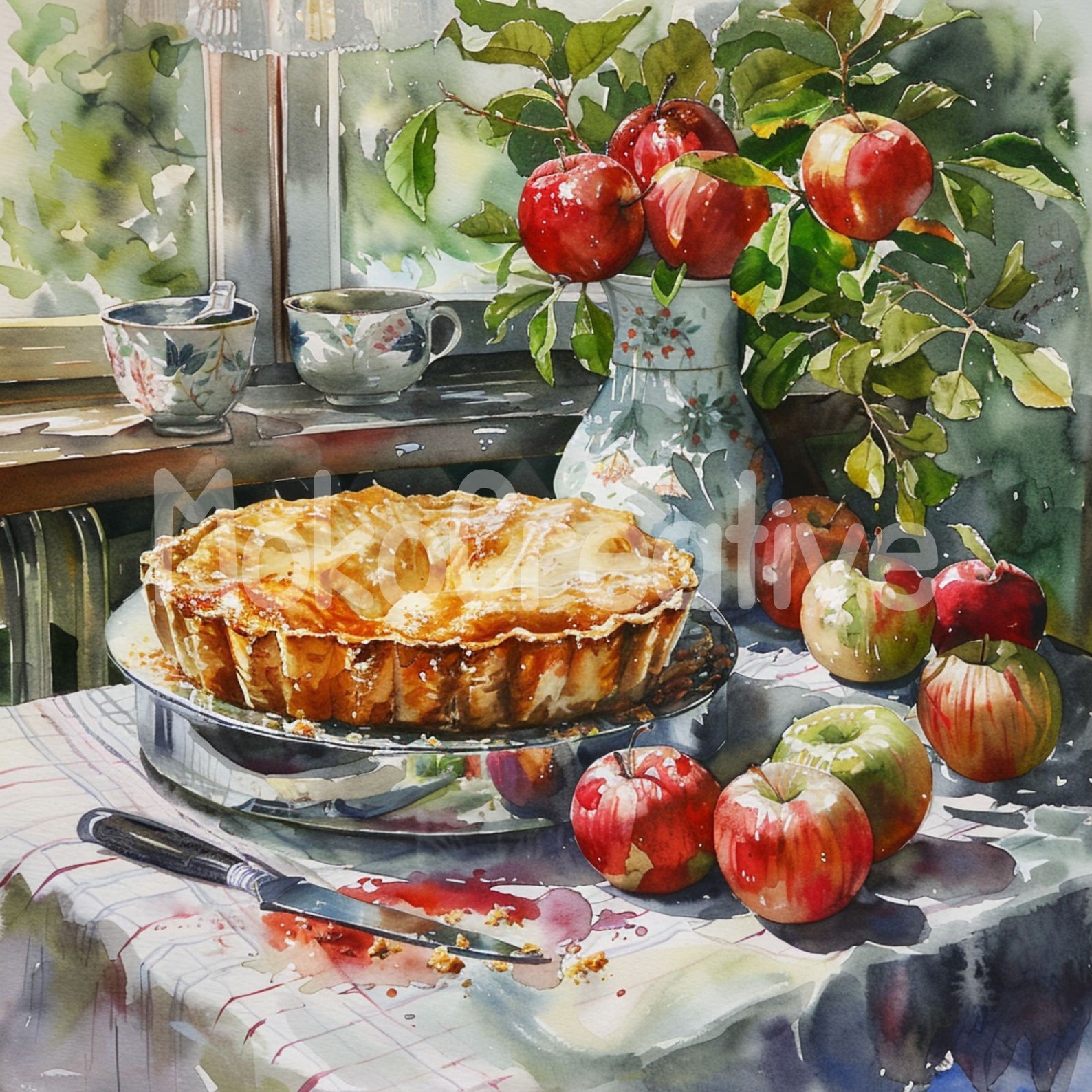 12 High Quality Apple Pie Design JPG, Watercolor Home Made Cake Wall ...
