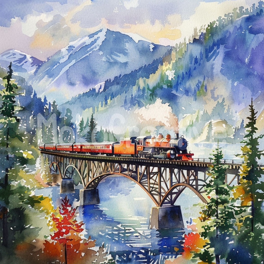 Watercolor Train Art Prints: Locomotive on Bridge Designs (digital ...
