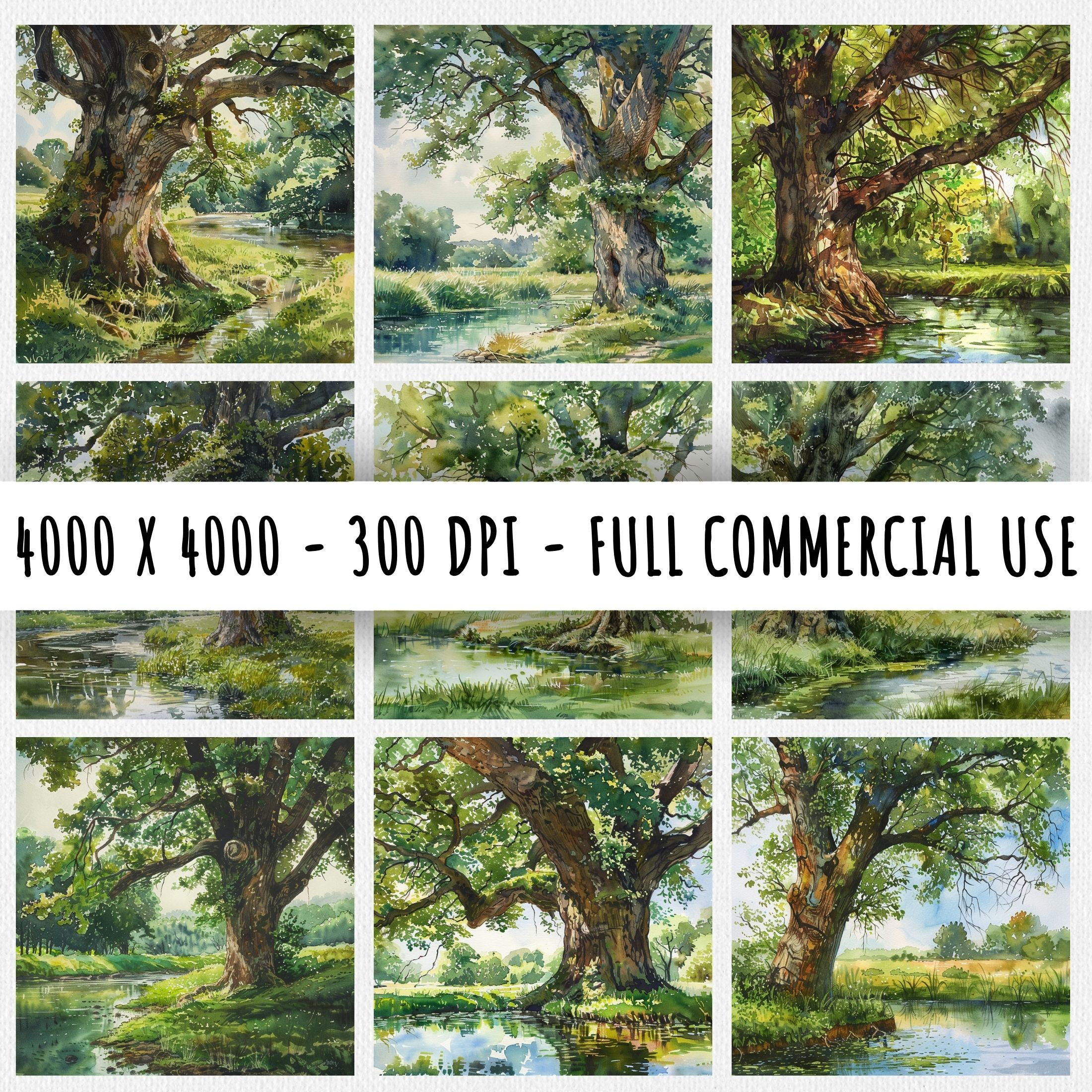 15 High Quality Big Tree Designs, Watercolor Summer Park, Tree by River ...