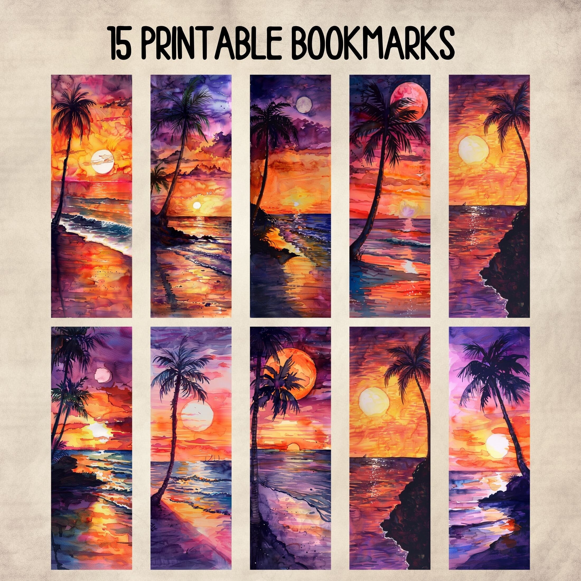 15 Beach Sunset Bookmark Printables, High Quality Watercolor Tropical ...
