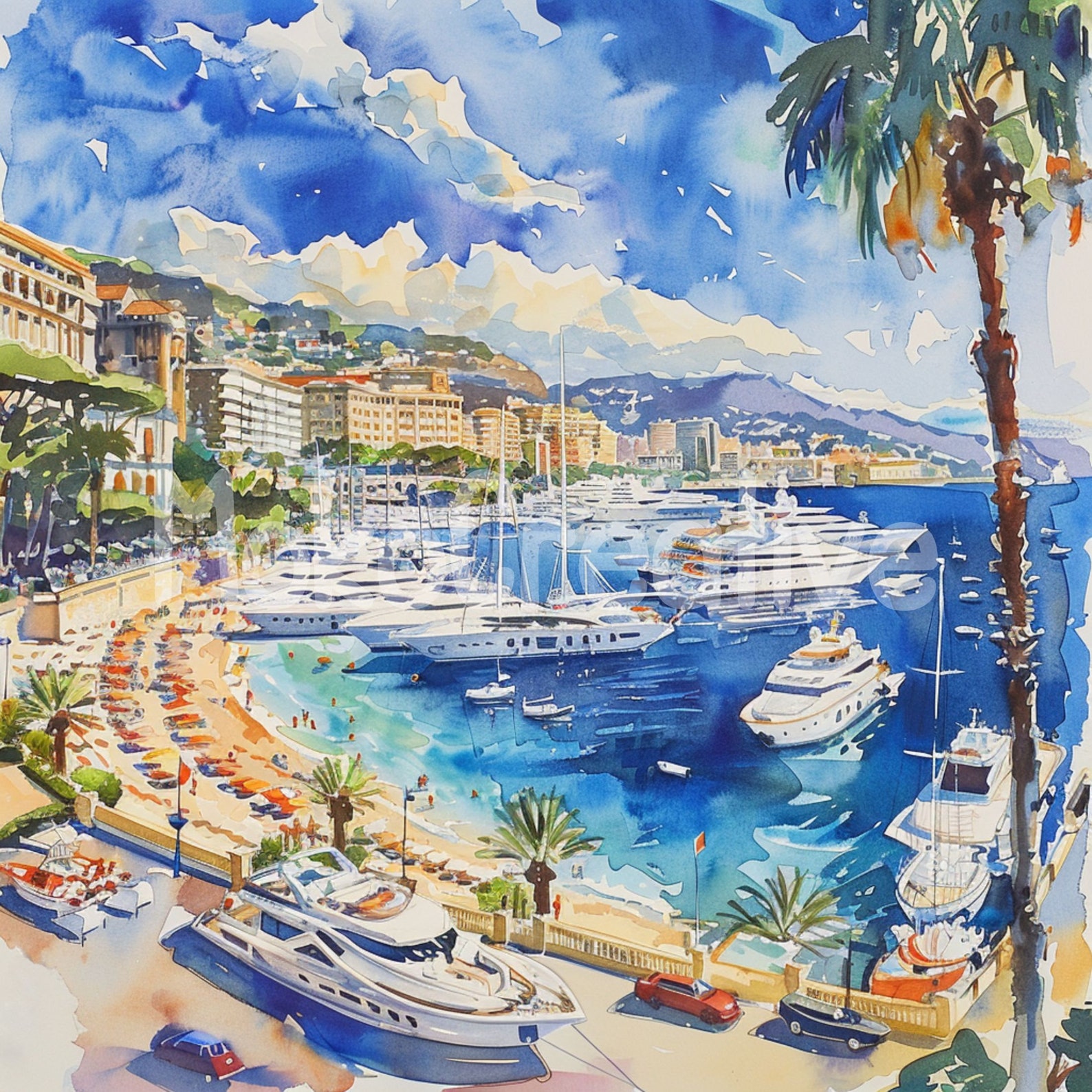 12 High Quality Monaco Port Designs, Watercolor Summer Vacation, Yacht ...