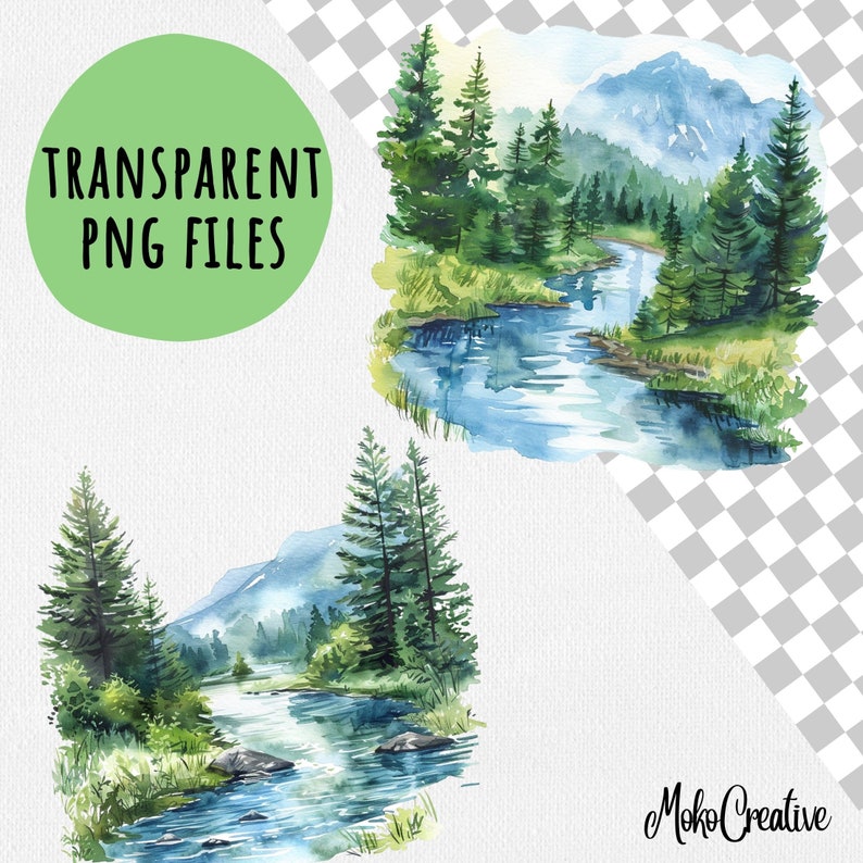Watercolor River Landscape Clipart, 17 PNG, Digital Graphics, Forest ...
