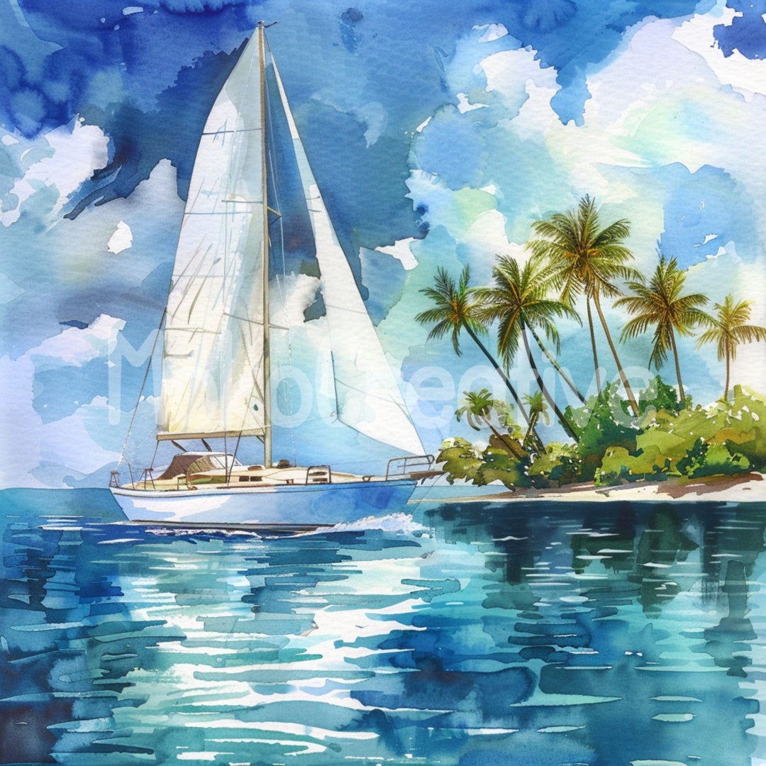Watercolor Sailing Boat Print: Tropical Island Art (digital Download ...