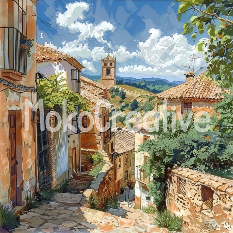 Spanish Village Watercolor Art Prints: Summer Town Designs (digital ...