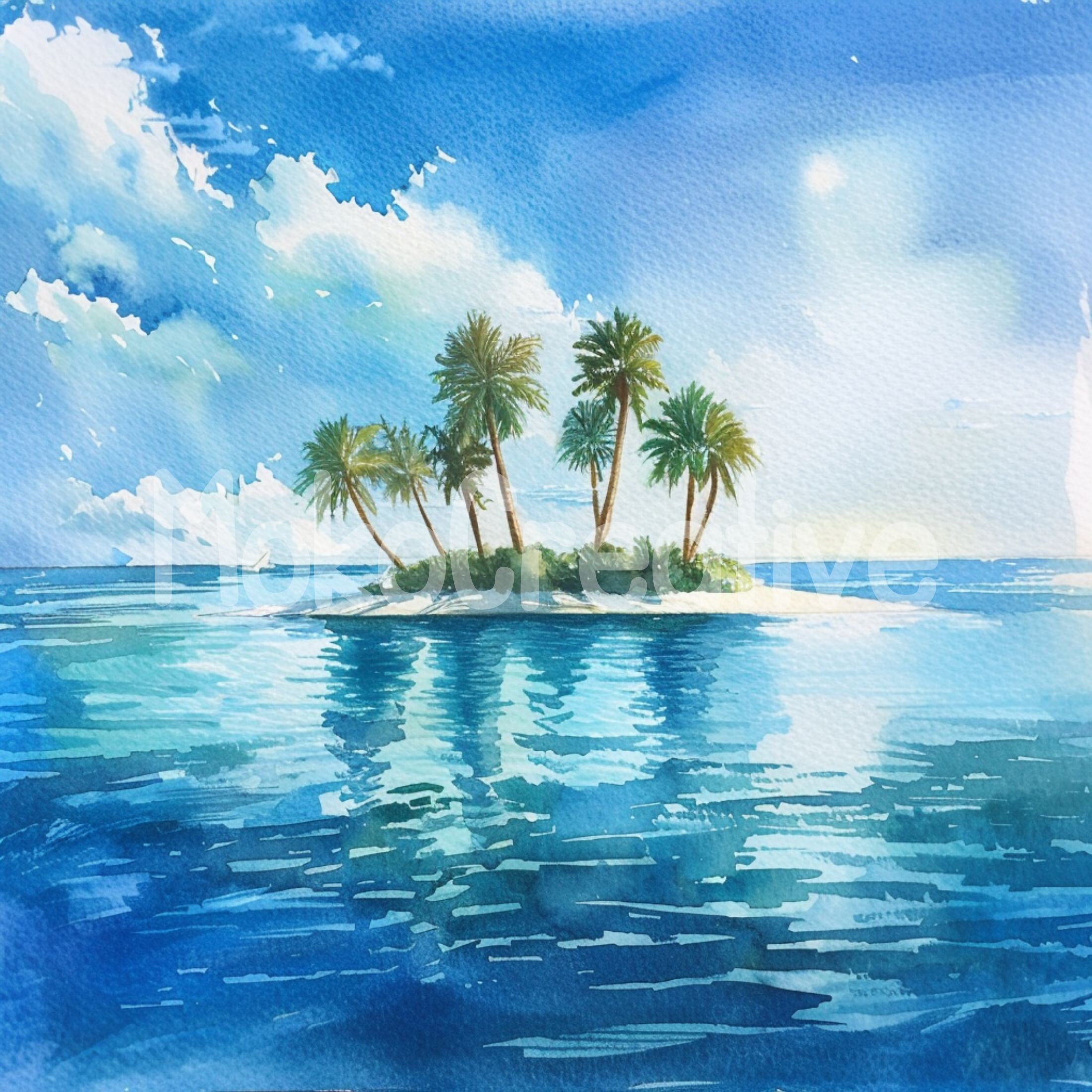 Tropical Island Watercolor Art Prints: Summer Ocean Designs (digital ...