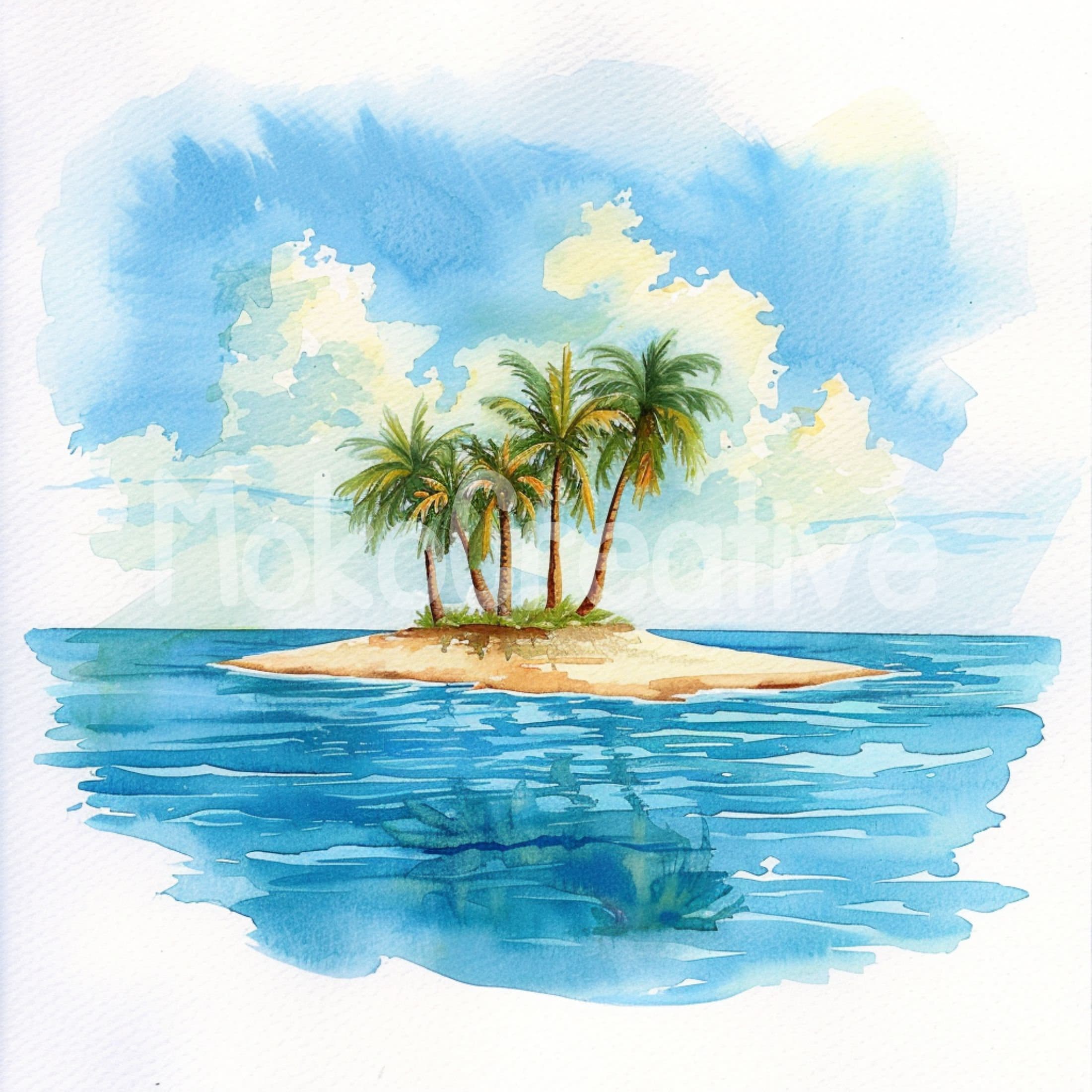 Tropical Island Watercolor Art Prints: Summer Ocean Designs (digital ...