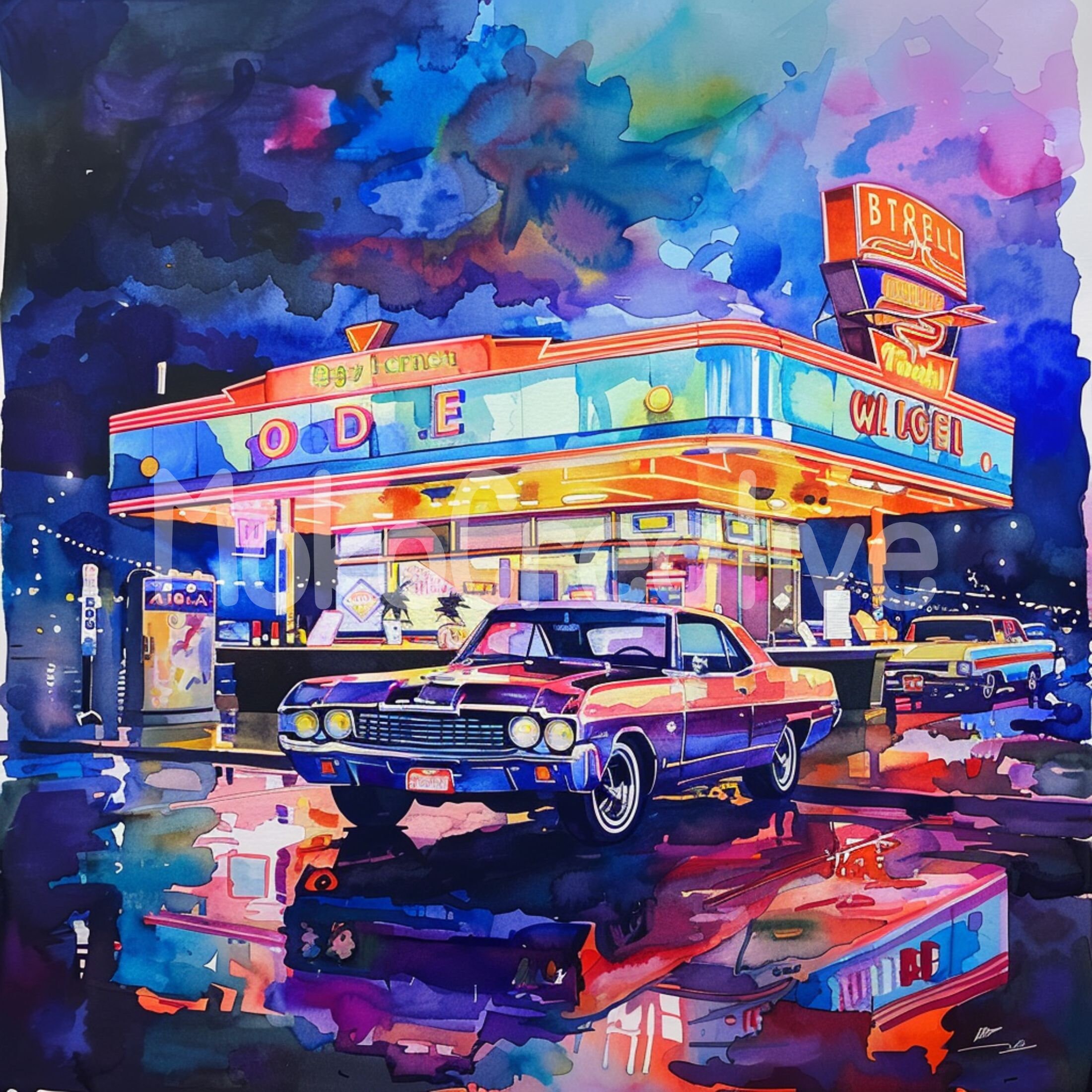 Retro Diner Watercolor Print: 70s Neon Lights Design (digital Download ...