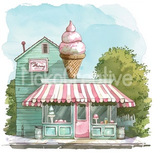 15 High Quality Retro Ice Cream Shop Design Watercolor Ice Cream Parlor ...