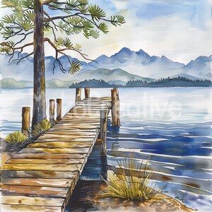 12 High Quality Lake Pier Designs JPG, Watercolor Summer Lake View ...