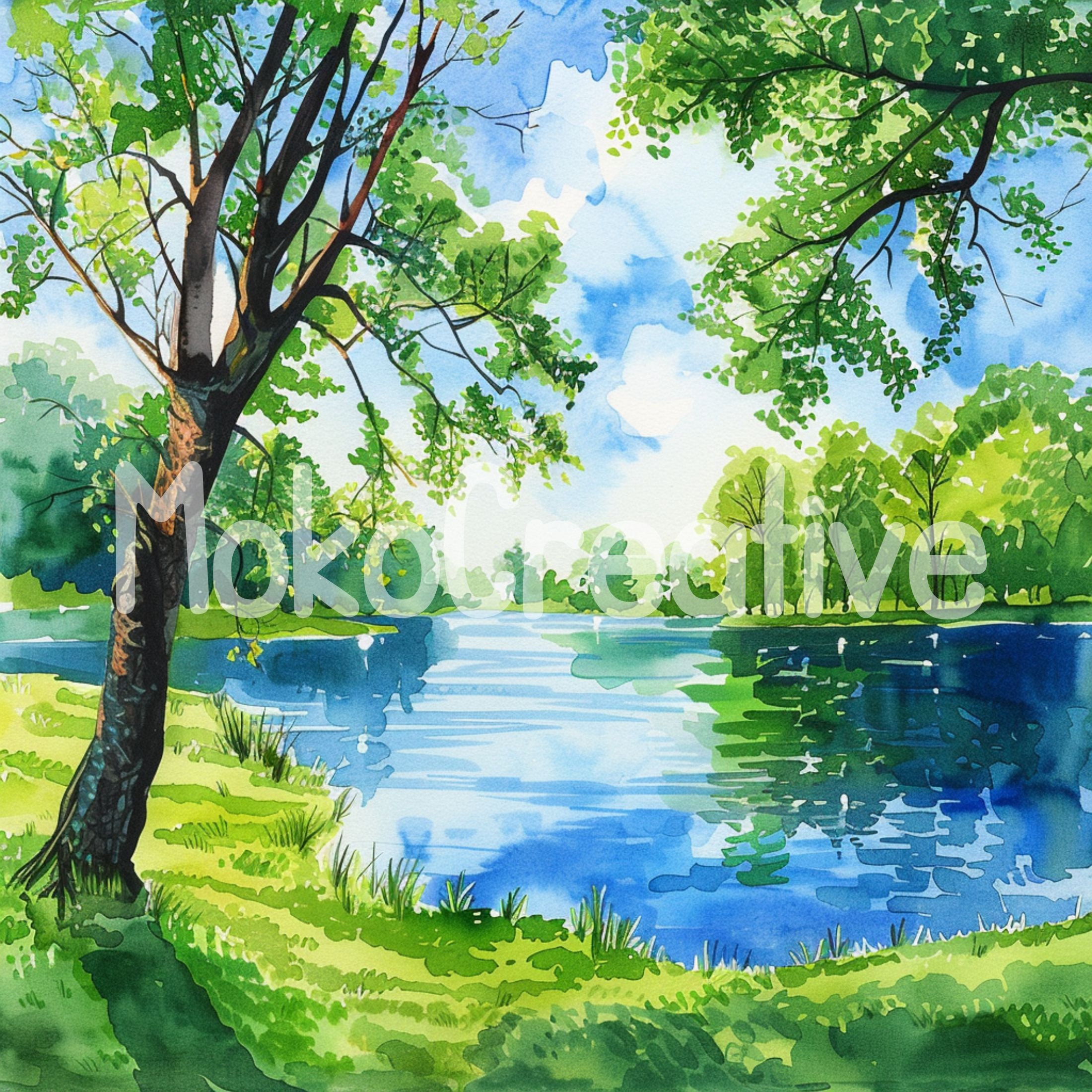 Watercolor Lake Art Prints: Summer Park Scene (digital Download) - Etsy