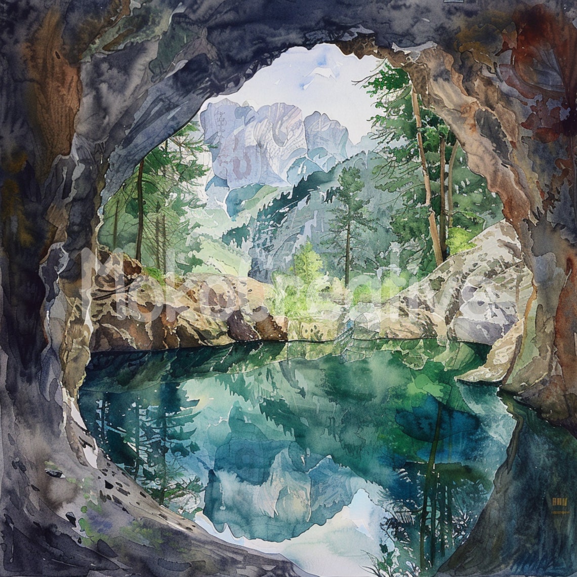 16 High Quality Cave Entry Landscape Designs, Watercolor Scenery ...