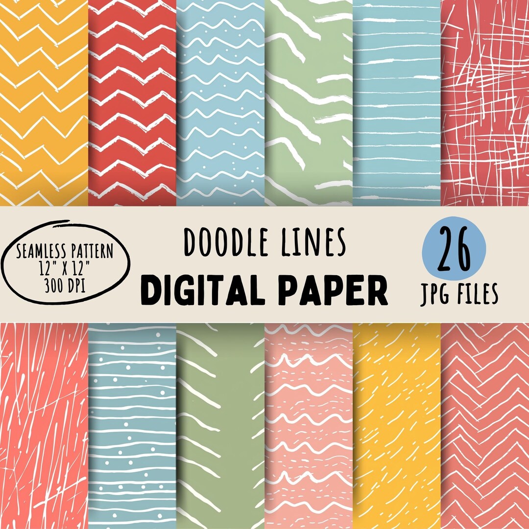 26 Doodle Lines Digital Papers, Scandi Doodles Seamless Pattern ...