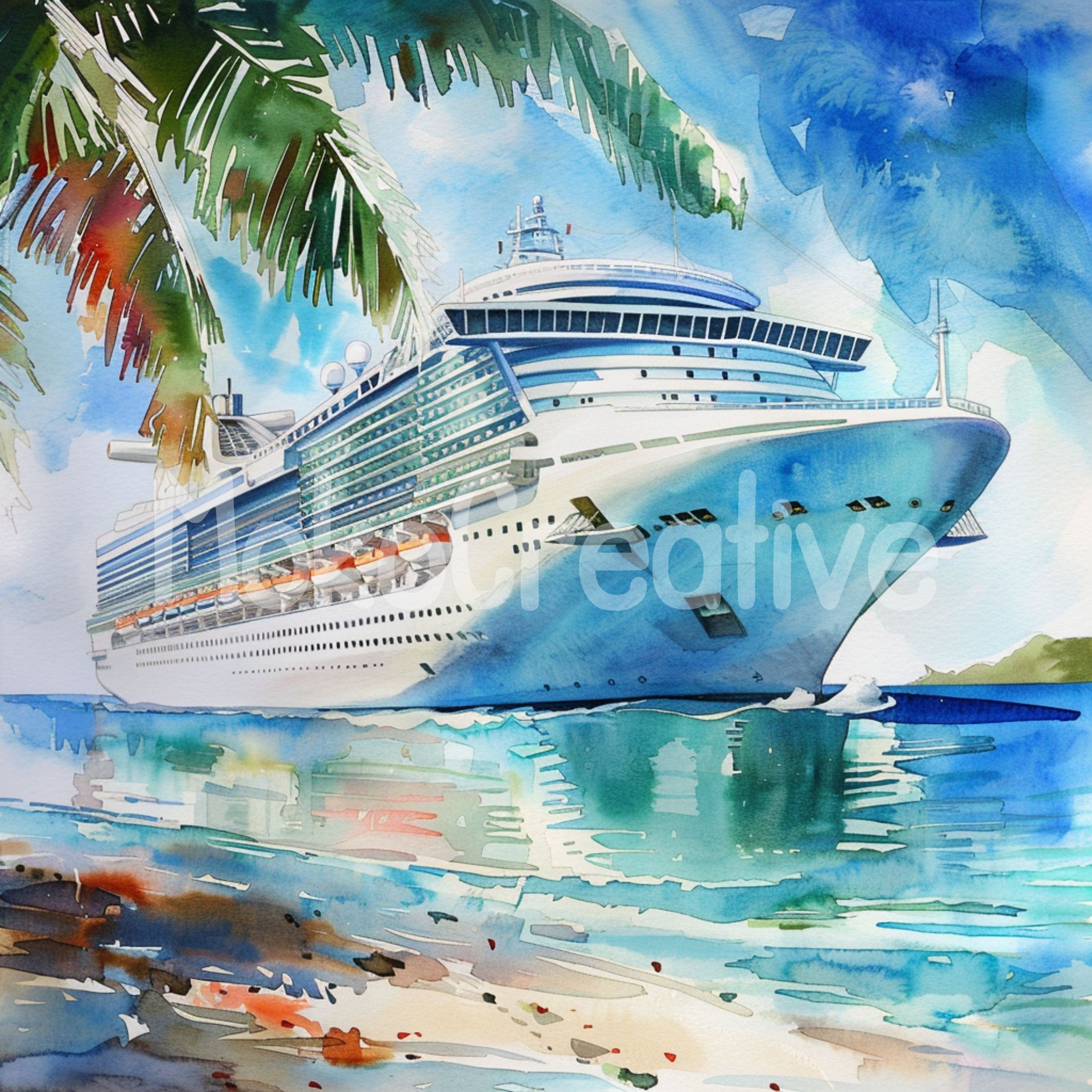 11 High Quality Cruise Ship Designs, Watercolor Tropical Vacation Wall ...