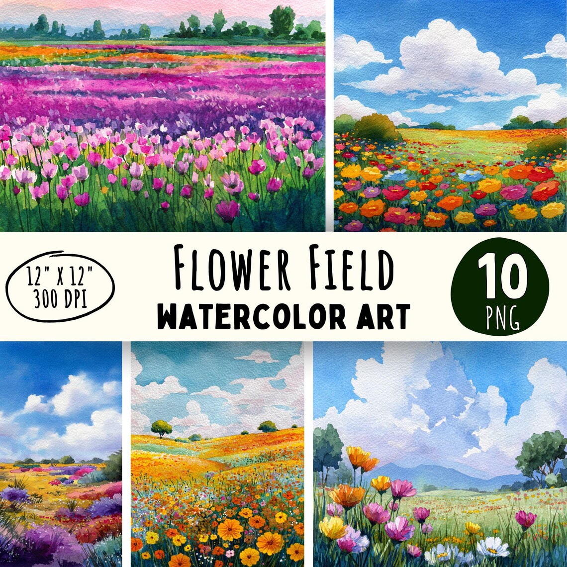Watercolor Flower Field Clipart: Summer Floral Meadow (instant Download ...