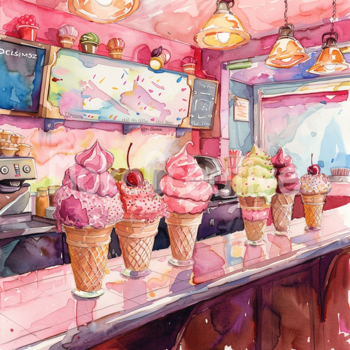 Retro Ice Cream Parlor Watercolor Art Print: Commercial Use (digital ...