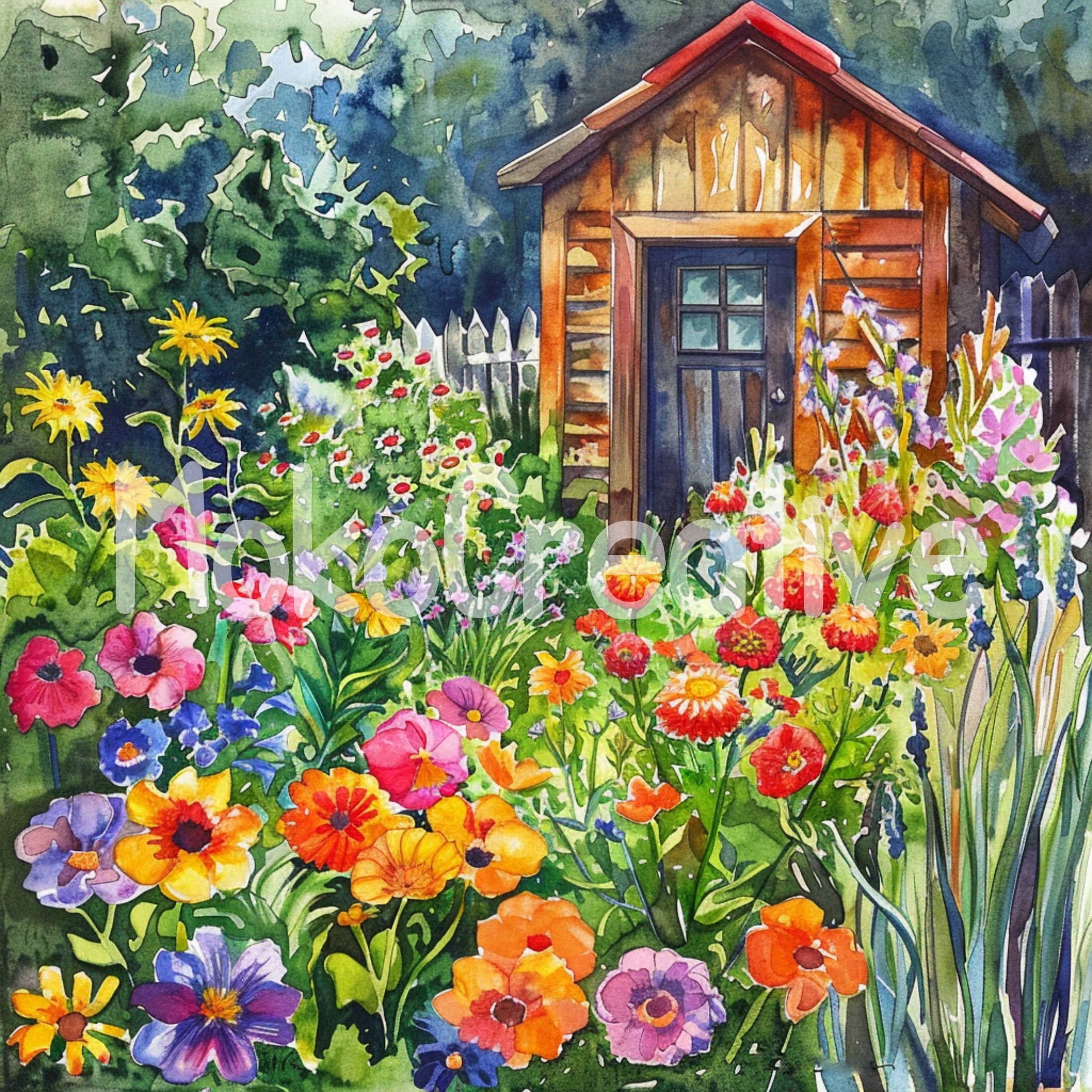 16 High Quality Flower Garden Design JPG, Watercolor Floral Summer Wall ...