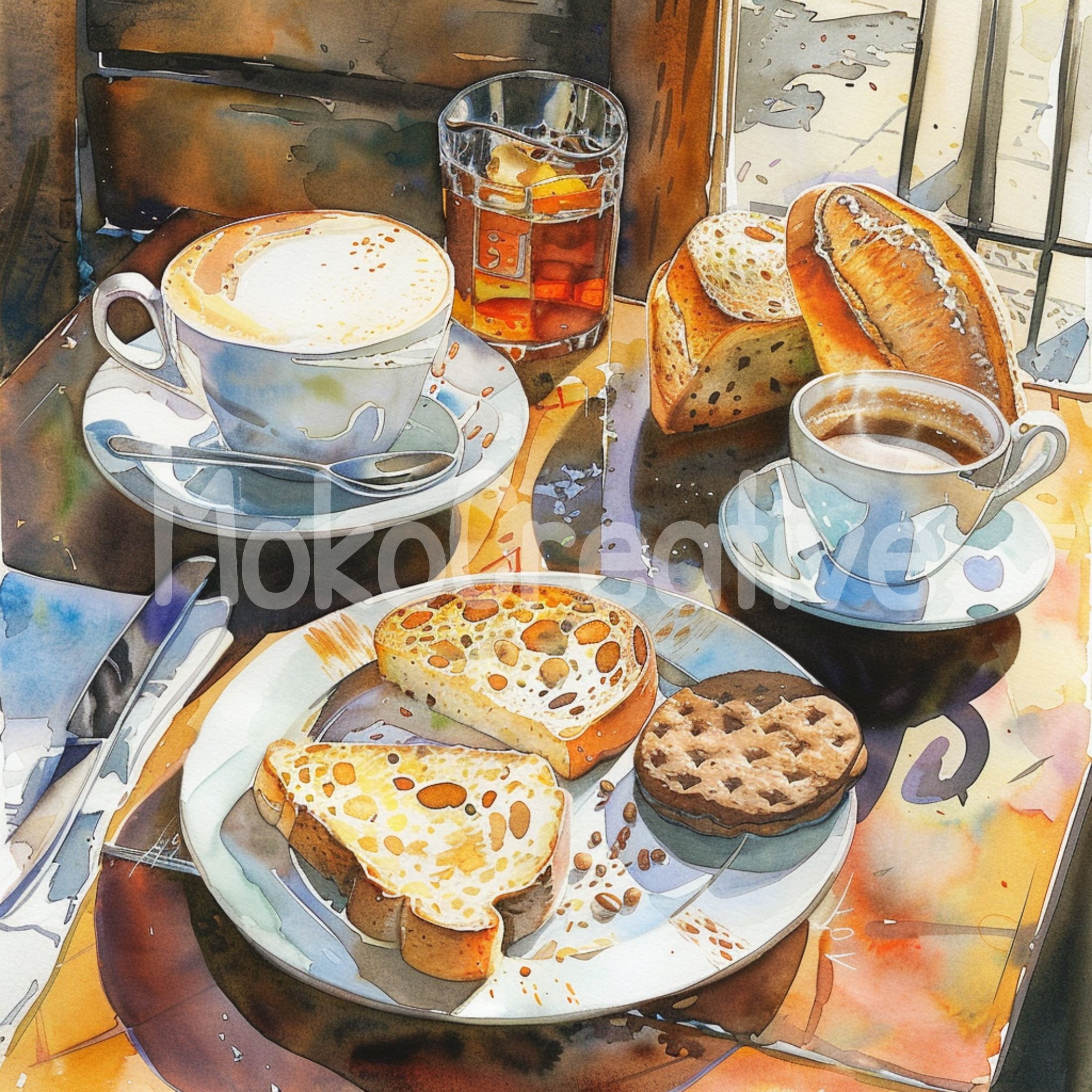 12 High Quality Café Table Designs, Watercolor Morning Coffee Breakfast ...