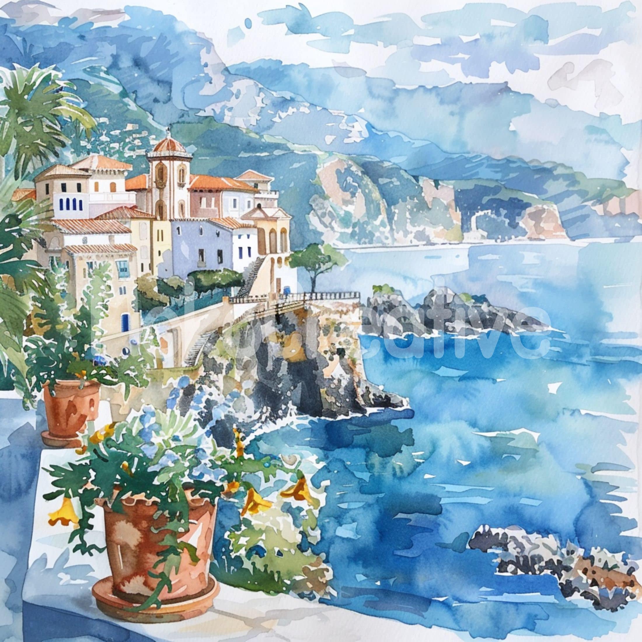 15 High Quality Italy Coastal Town Designs, Watercolor Summer Vacation ...