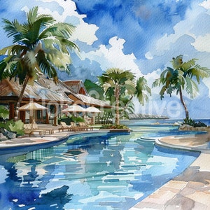 Watercolor Tropical Resort Clipart: Caribbean Vacation Designs (digital ...