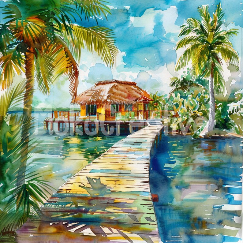Watercolor Tropical Resort Clipart: Caribbean Vacation Designs (digital ...