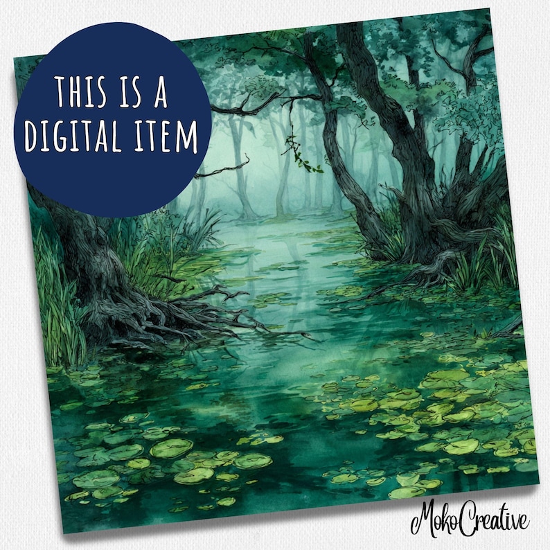 Watercolor Swamp Landscape Clipart: Wetlands, Bayou, Marsh (PNG Digital ...