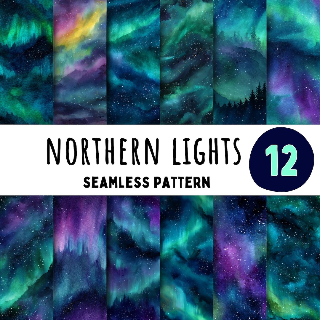 12 Northern Lights Digital Paper, Colorful Sky Background, Aurora ...