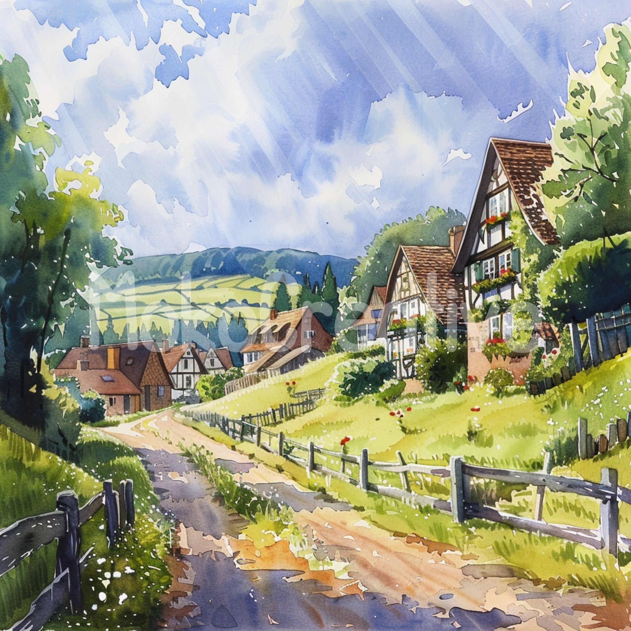 15 High Quality Summer Village Designs JPG, Watercolor Small Town, Wall ...