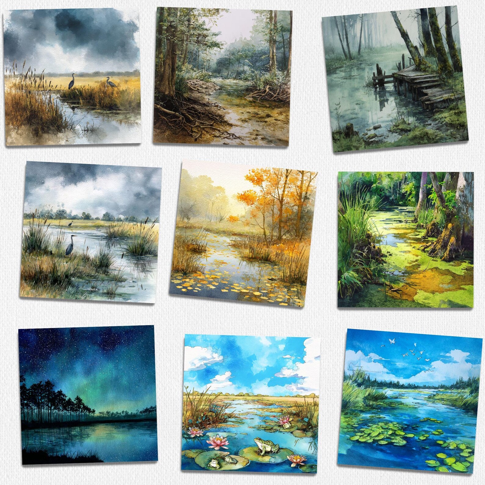 Watercolor Swamp Landscape Clipart: Wetlands, Bayou, Marsh (PNG Digital ...