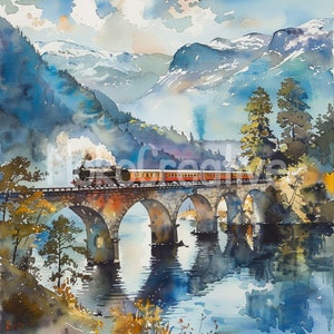 Watercolor Train Art Prints: Locomotive on Bridge Designs (digital ...