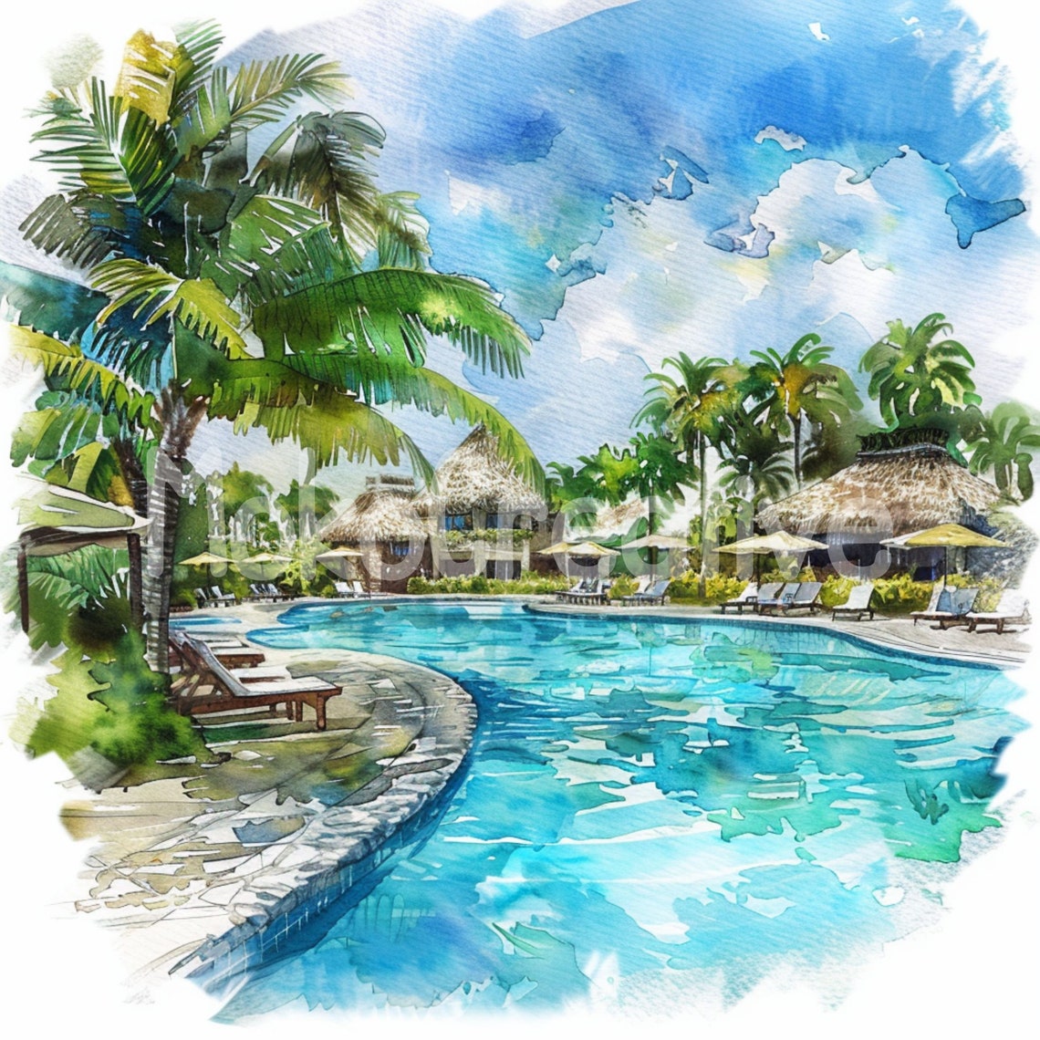 Watercolor Tropical Resort Clipart: Caribbean Vacation Designs (digital ...