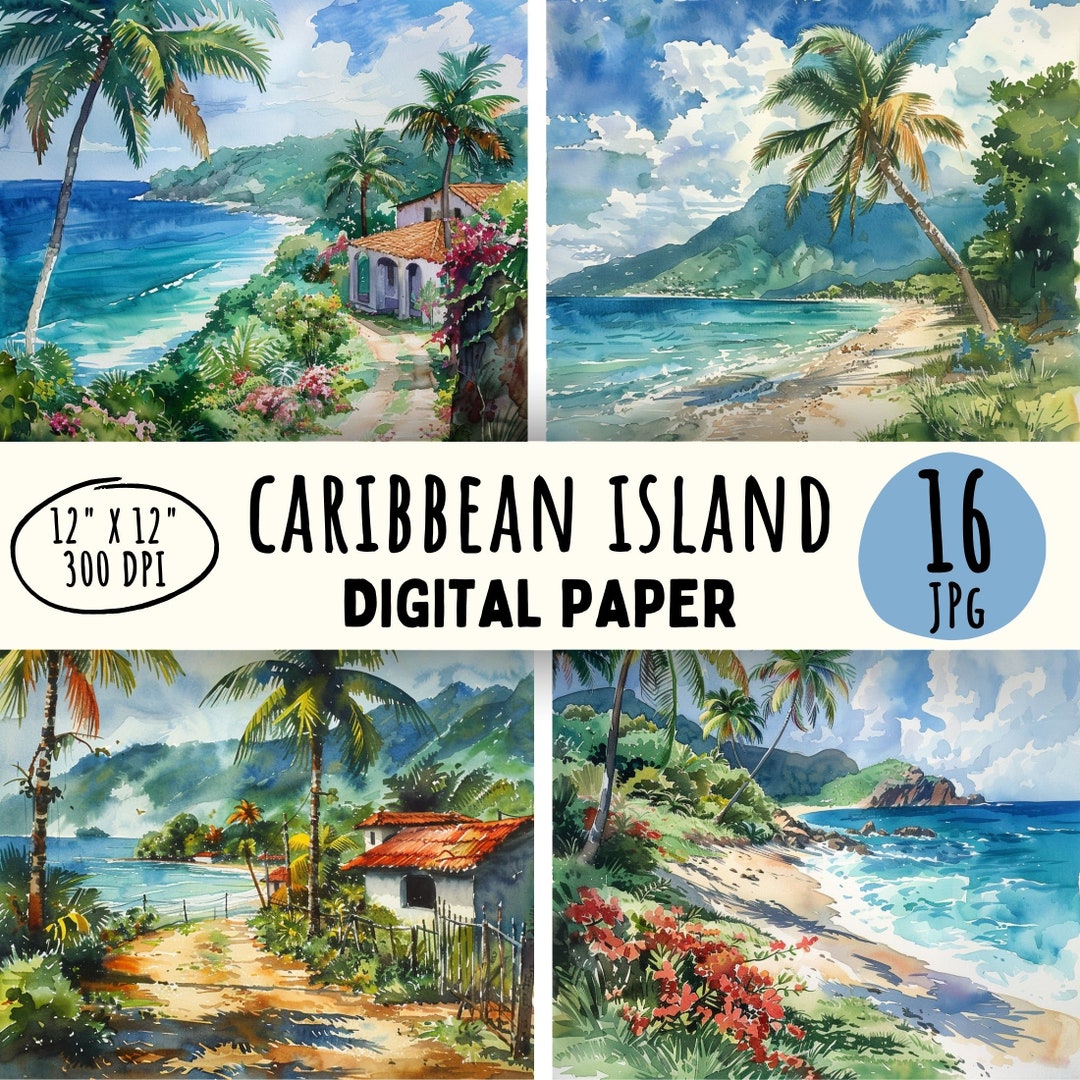 Caribbean Island Watercolor Clipart: Tropical Beach Digital Prints (16 ...