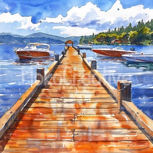 12 High Quality Lake Pier Designs JPG, Watercolor Summer Lake View ...