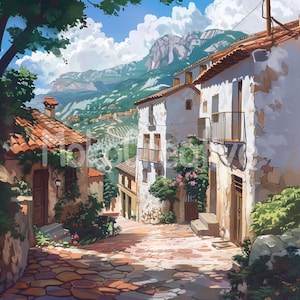 Spanish Village Watercolor Art Prints: Summer Town Designs (digital ...