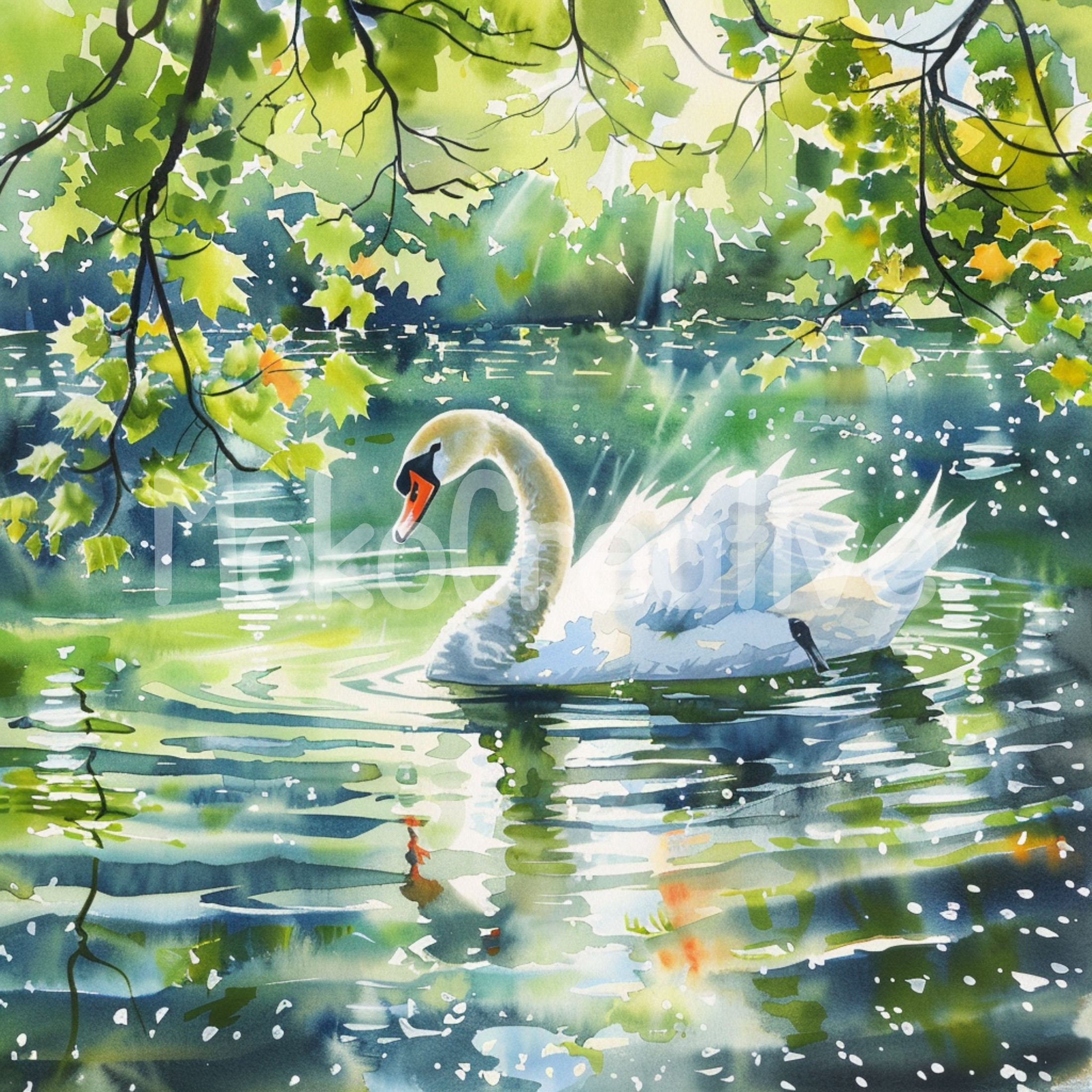 Watercolor Swan Lake Art Prints, Elegant Bird Illustration (digital ...