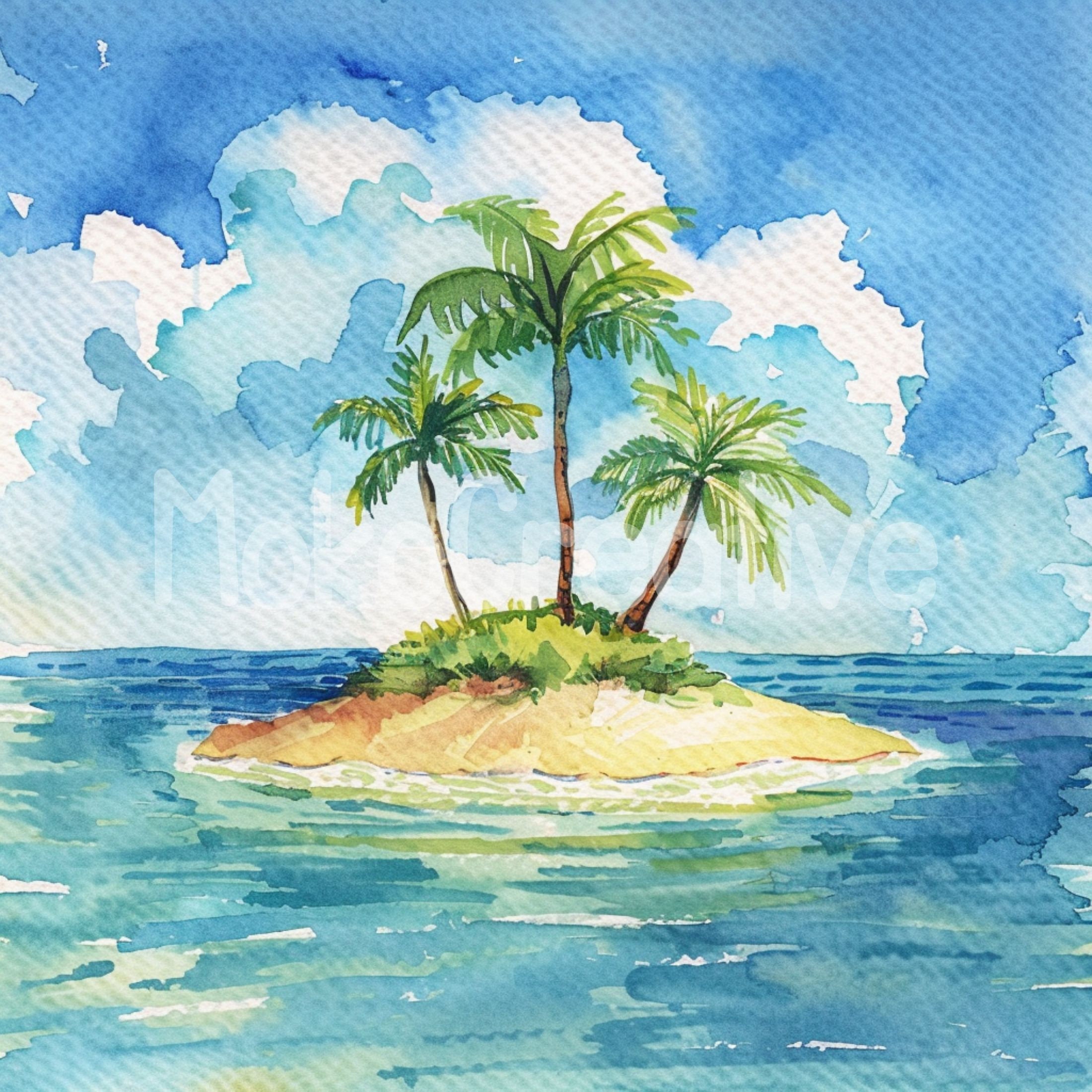 Tropical Island Watercolor Art Prints: Summer Ocean Designs (digital ...