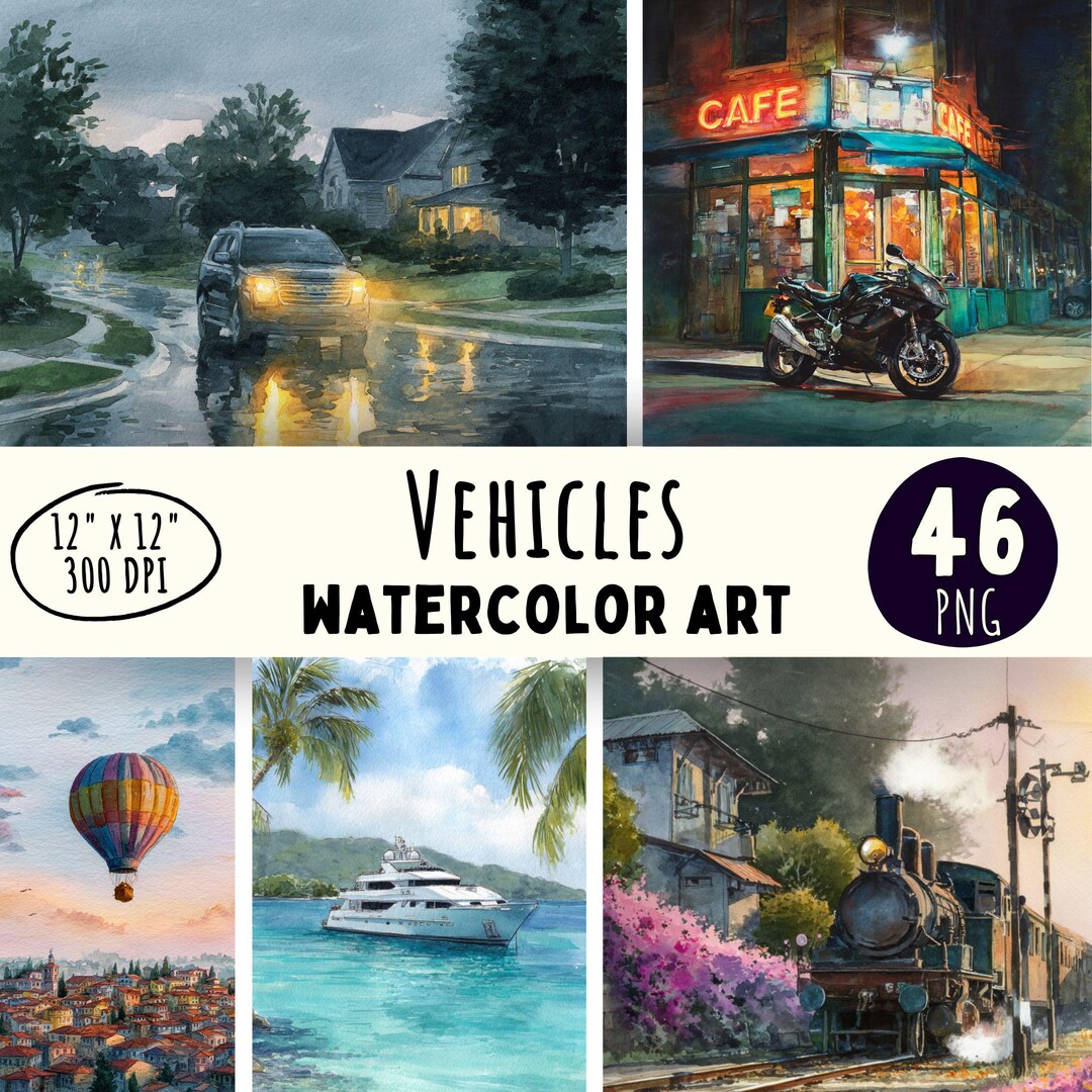 Watercolor Vehicles Clipart: Transport in Motion PNG (digital Download ...