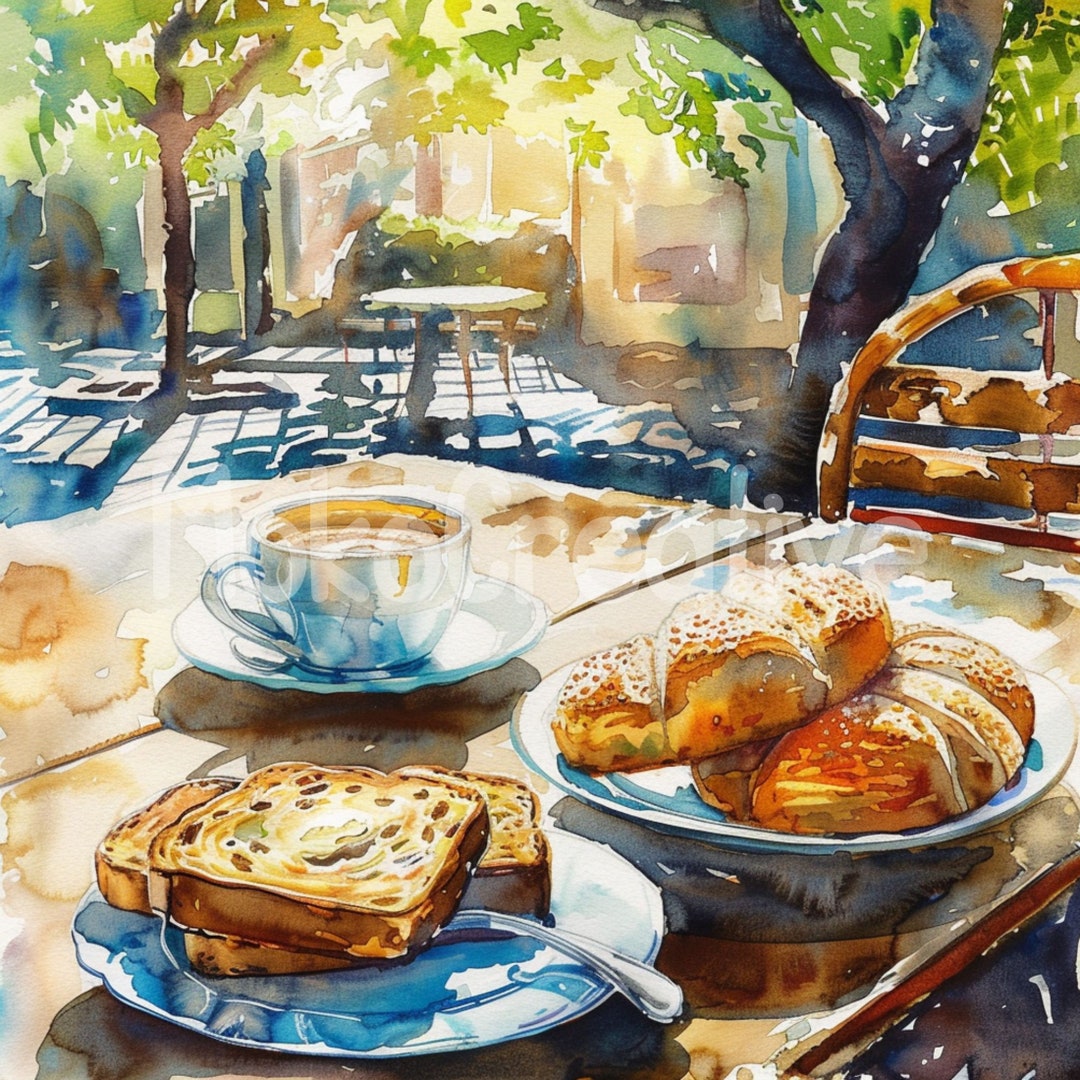 12 High Quality Café Table Designs, Watercolor Morning Coffee Breakfast ...