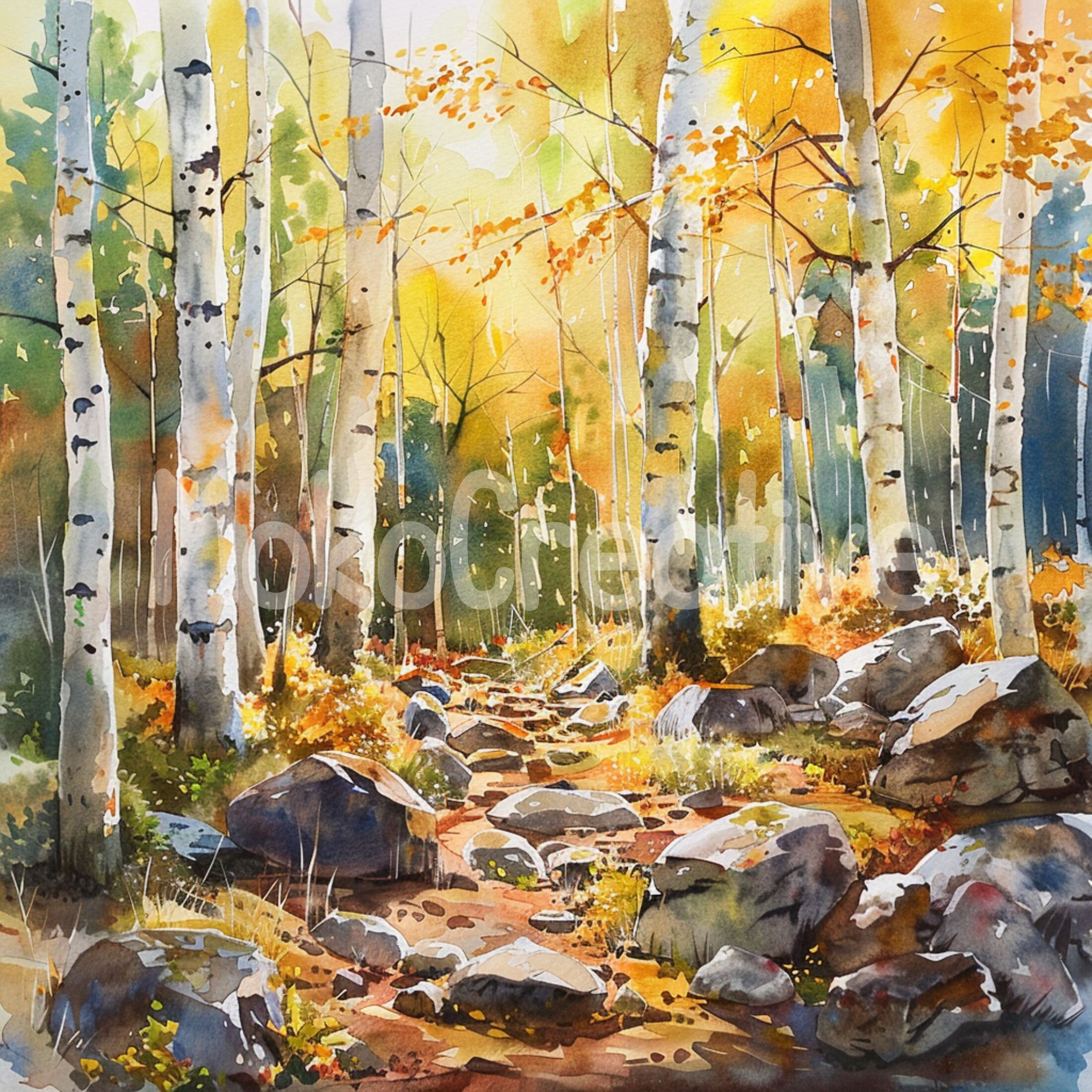 Watercolor Autumn Birch Forest Print: Commercial Use (digital Download ...