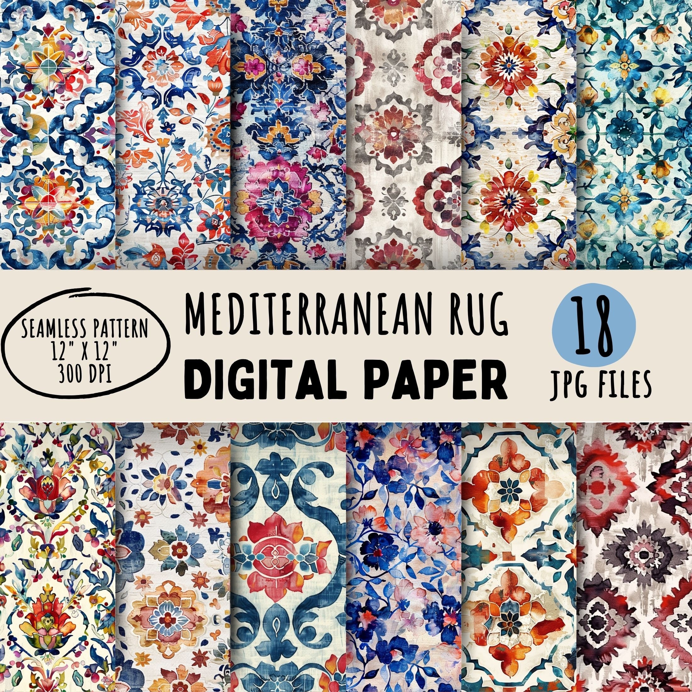 18 Mediterranean Rug Digital Papers, Watercolor Traditional Seamless ...