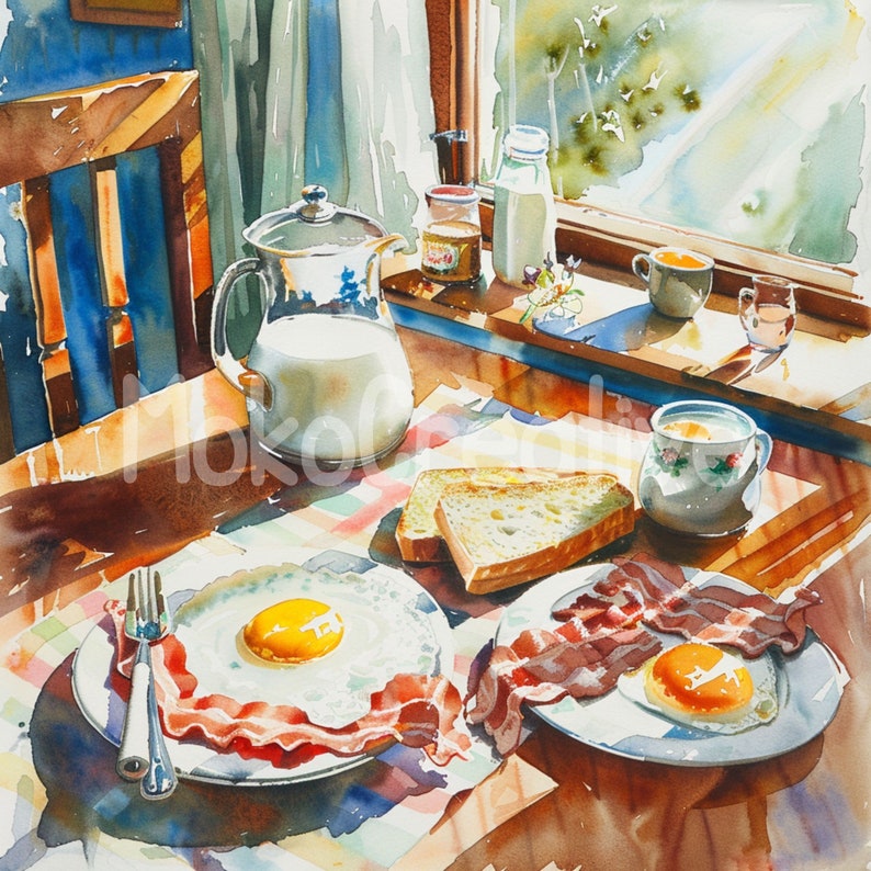 17 High Quality Breakfast Table Designs, Watercolor Morning Food Wall ...
