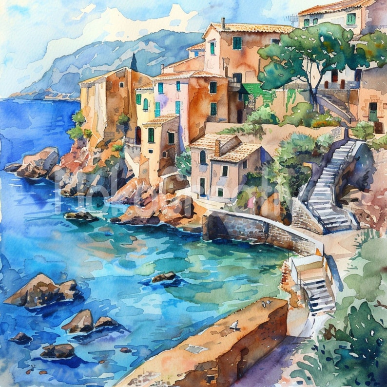 Italy Coastal Town Watercolor Art Prints: Summer Vacation (digital ...