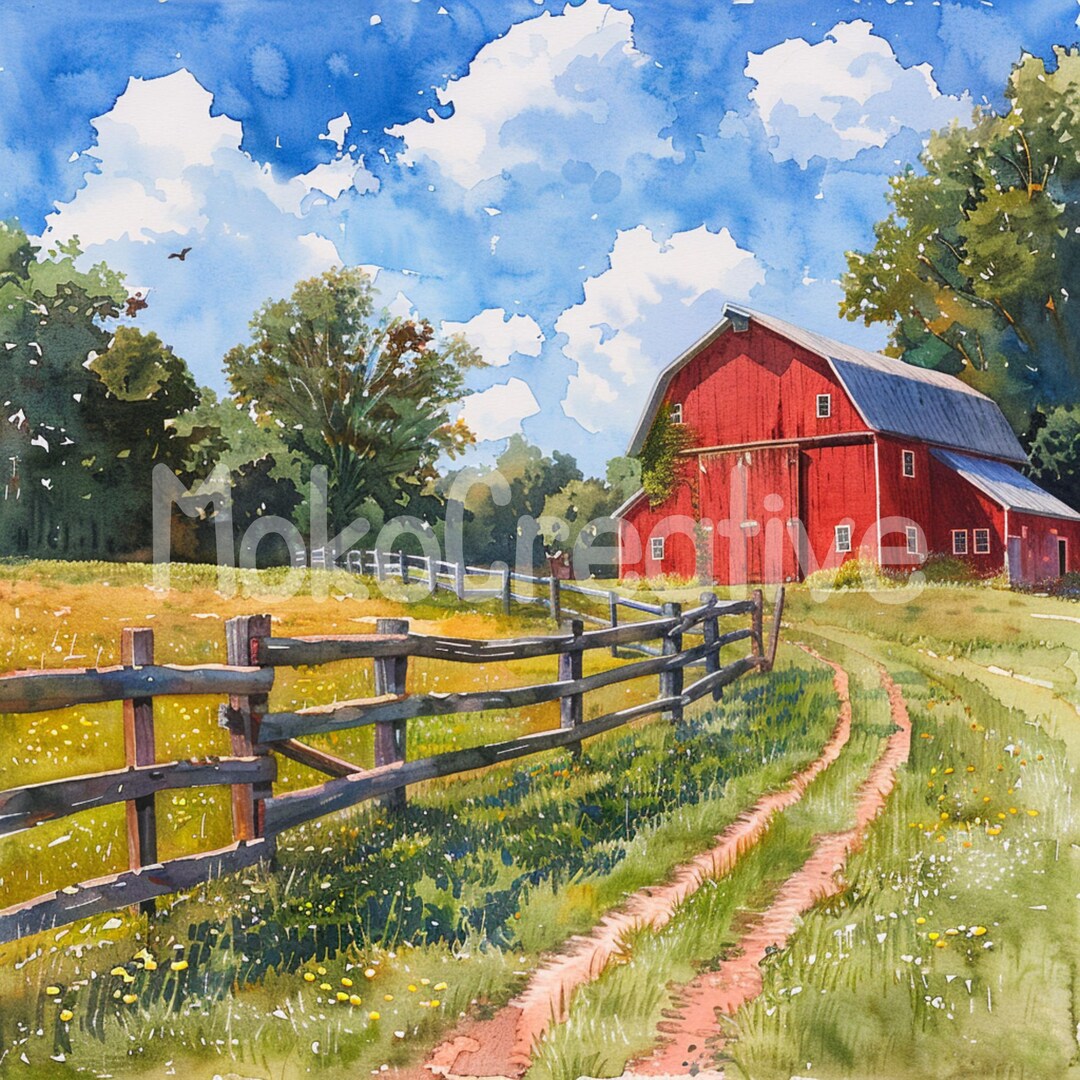 Red Barn Watercolor Clipart: Summer Farm Landscape (digital Download ...